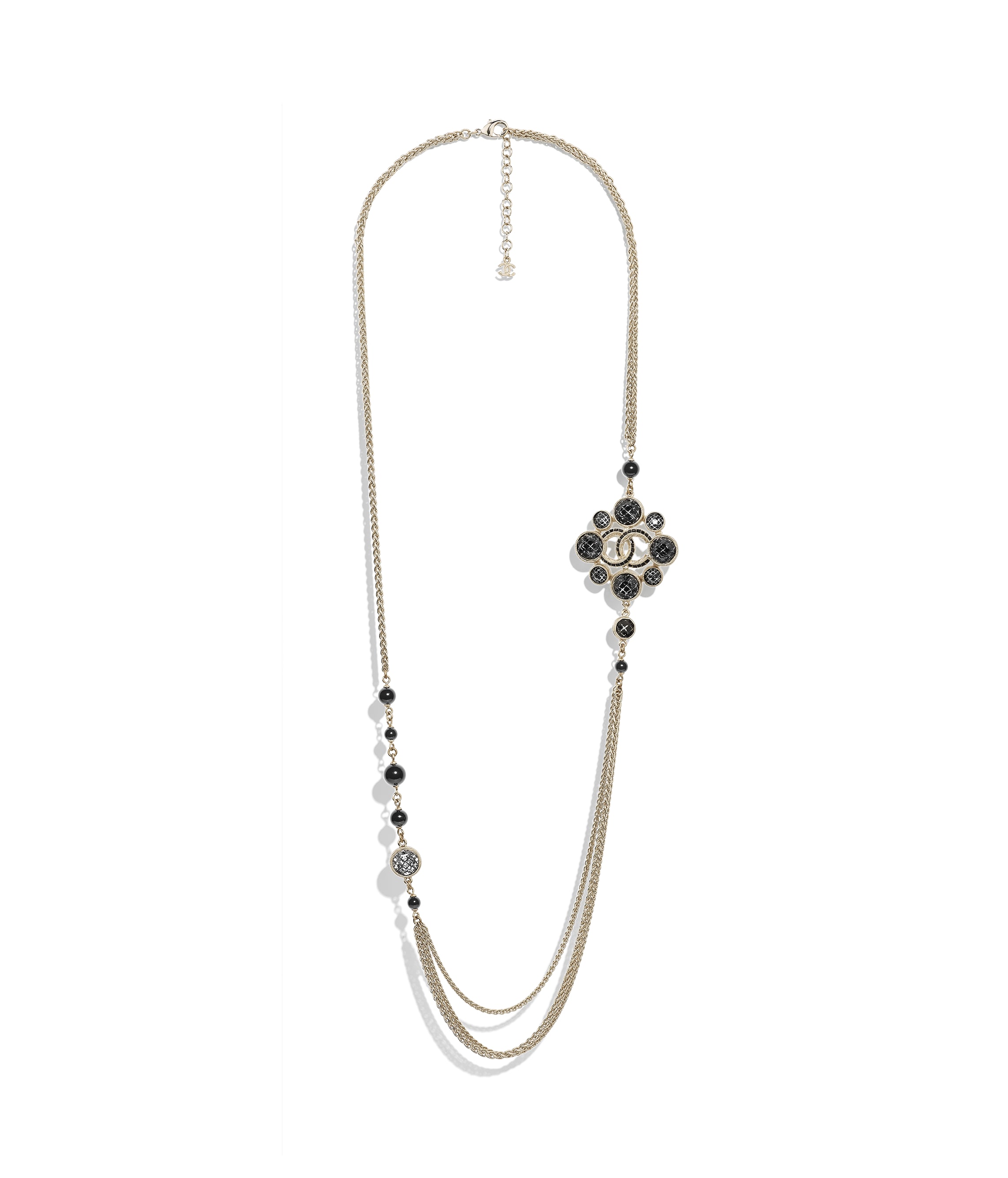 Collar Largo Metal Perlas De Cristal Strass Y Resina Dorado Negro