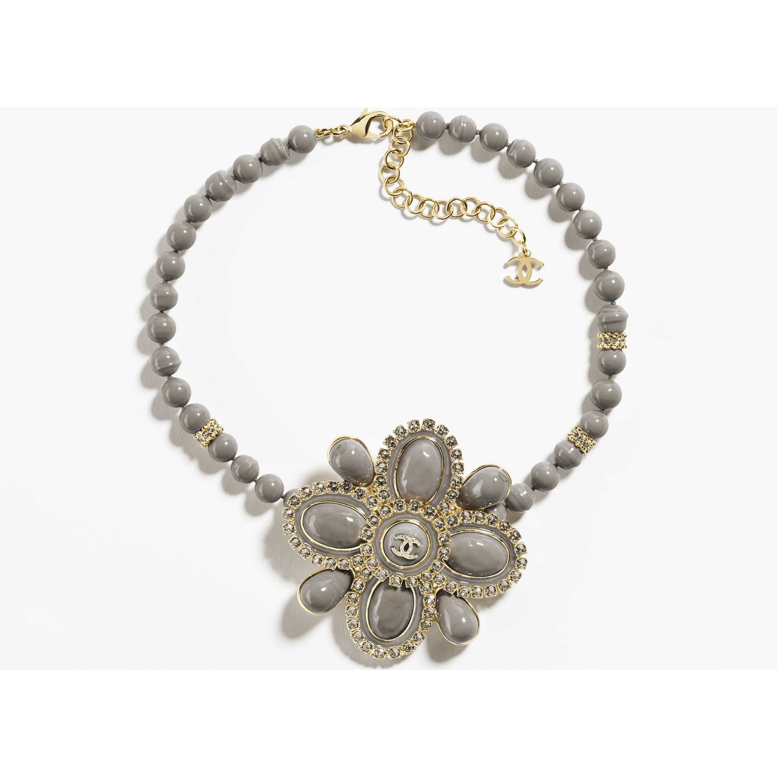 Necklace Metal Resin Glass Pearls And Strass Gold Gray And Crystal
