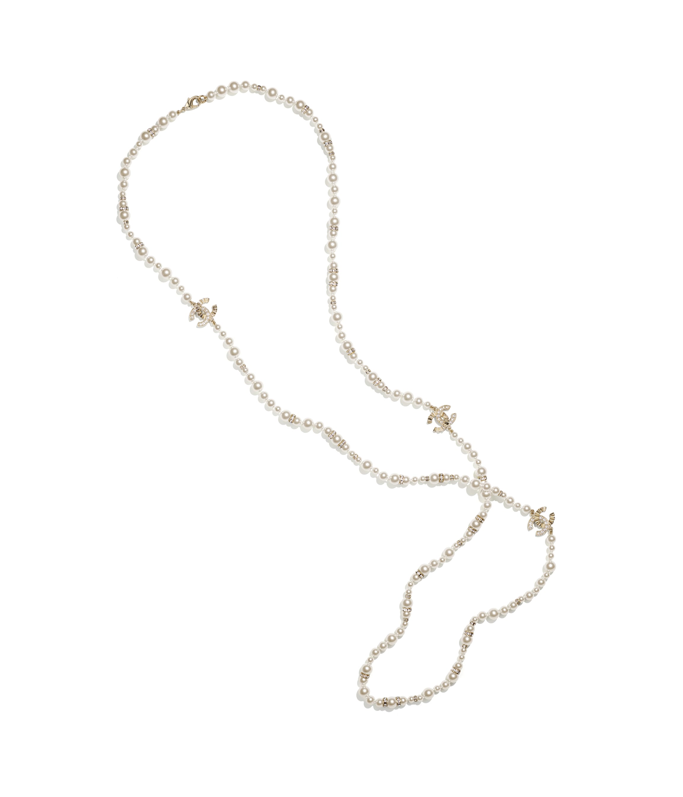 Metal Strass And Glass Pearls Gold Crystal And Pearly White Long Necklace