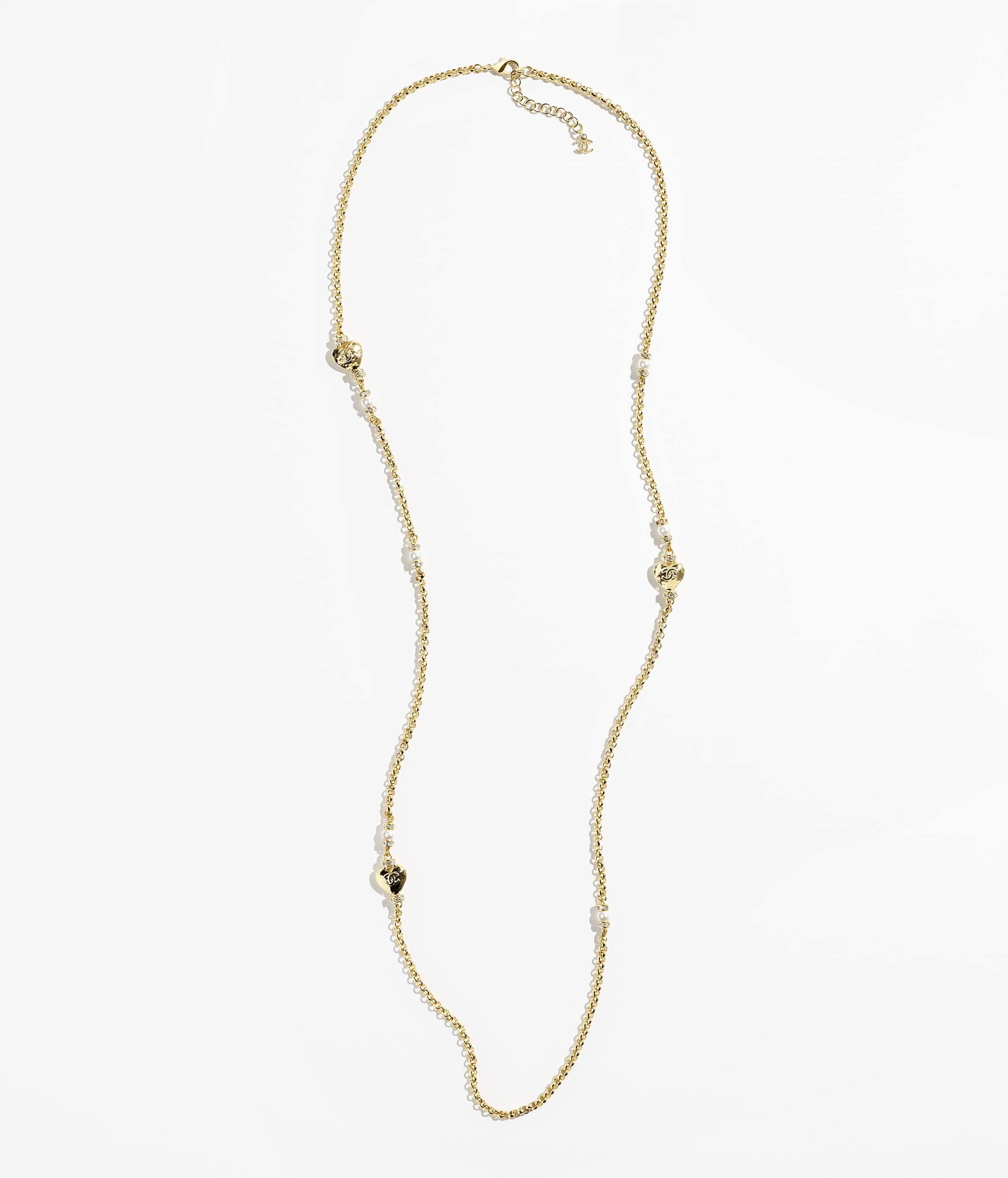 Long Necklace Metal Glass Pearls And Strass Gold Pearly White