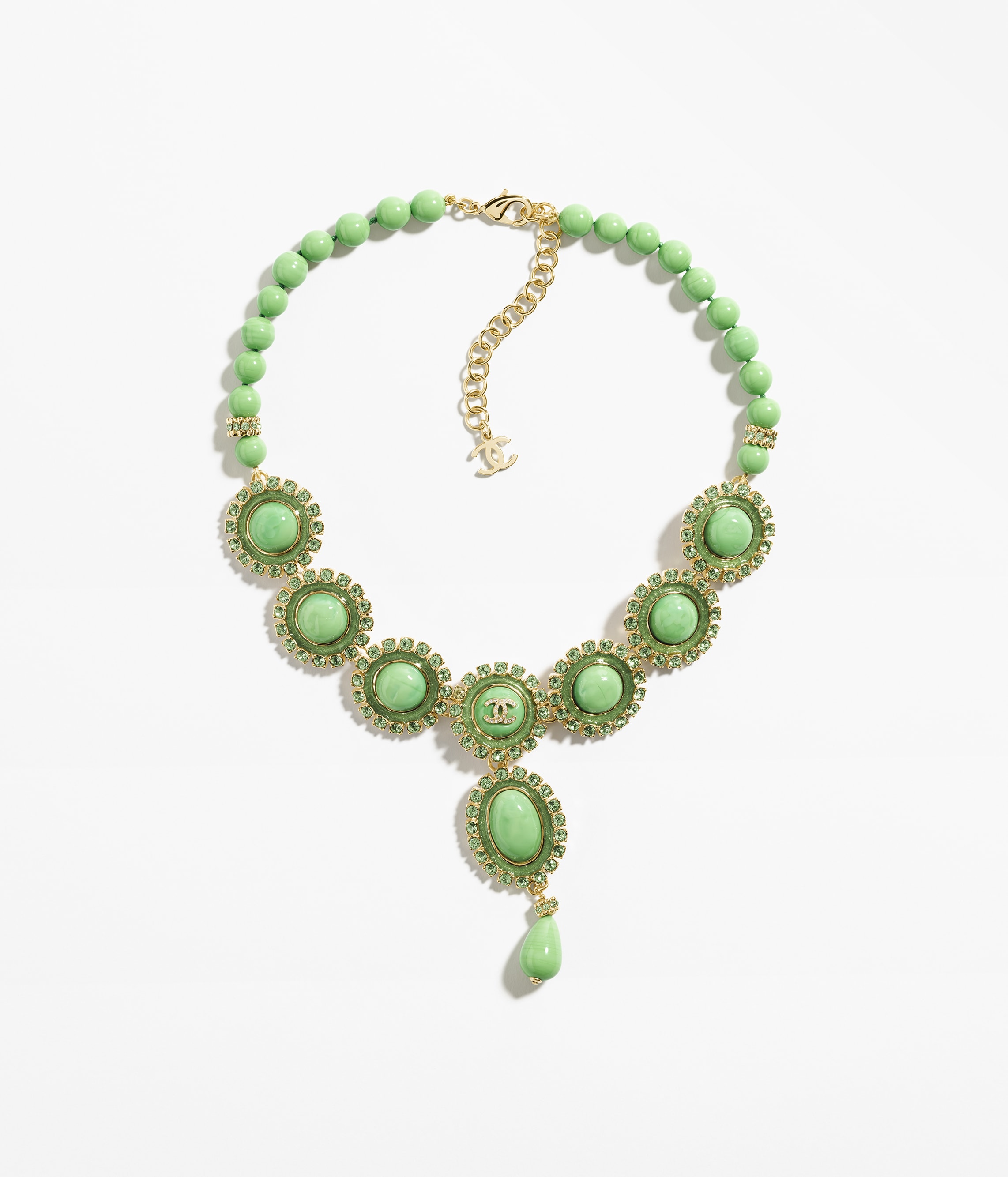 Necklace Metal Resin Glass Pearls And Strass Gold Green And Crystal